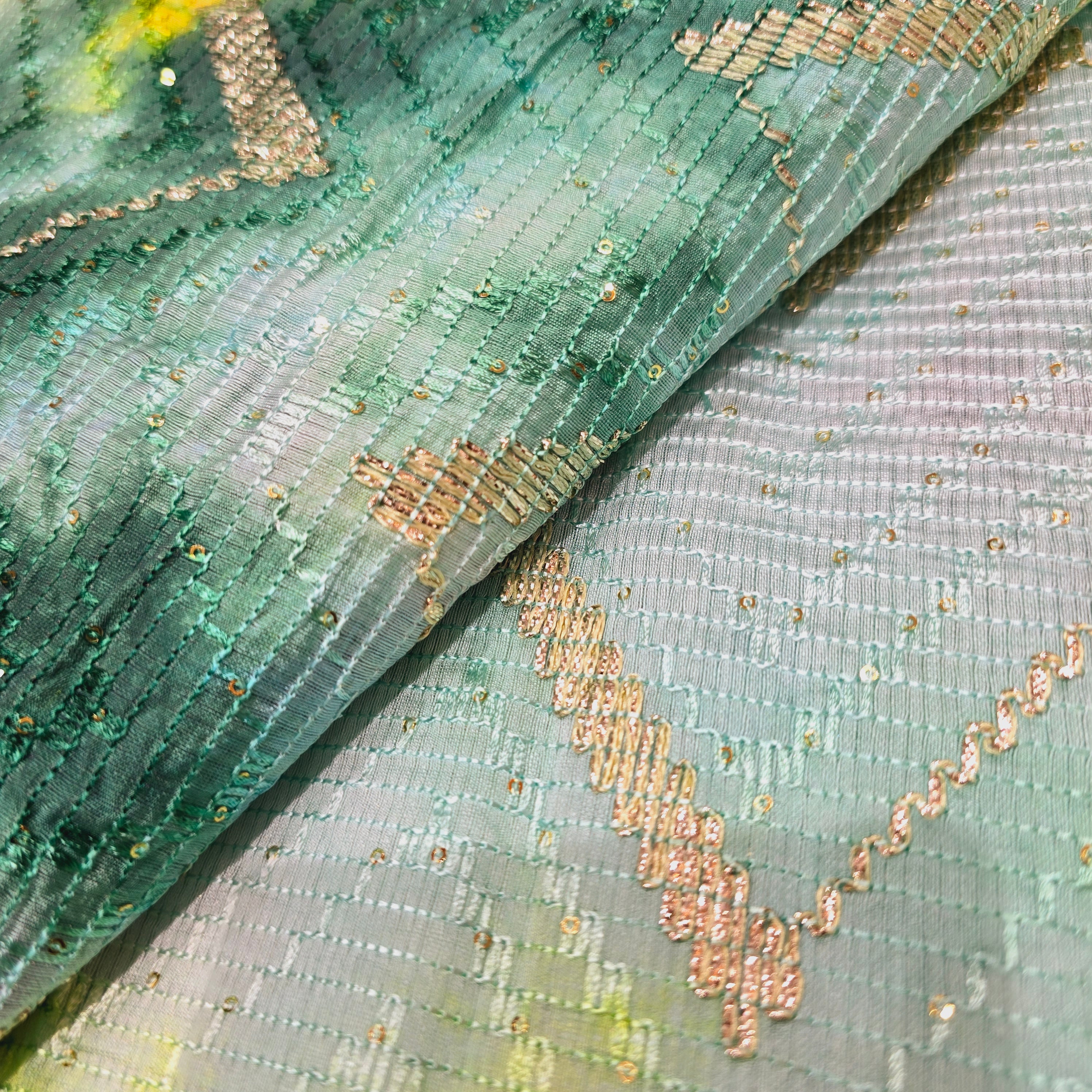 Silk with sequence design & Threadwork (Green) – Sansa - The Fabric Store